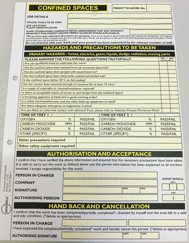 Confined Spaces Permit To Work Packs Of 5 Safeguard Systems Ltd